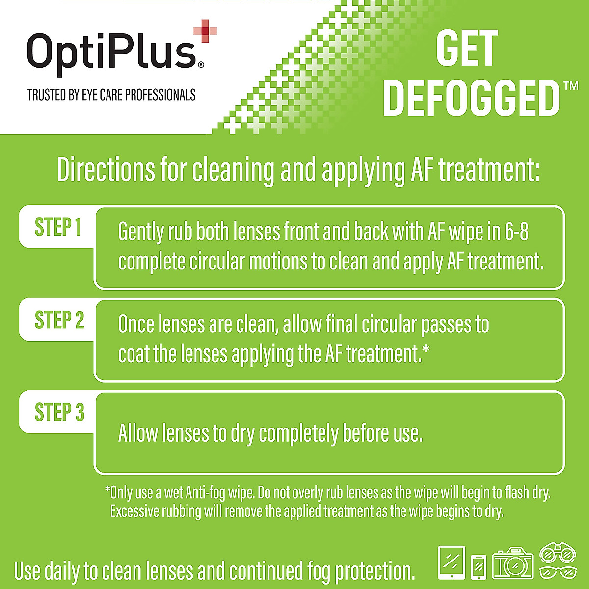 OptiPlus Anti Fog Pre-Moistened Cleaning Wipes for Glasses, Screens, Lenses - Quick-Dry, Scratch-Free, 100 Count