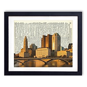 Columbus Ohio Color Skyline Vintage Dictionary Art Print, Antique Wall Art Home Decor, Modern Boho Poster, Farmhouse Decoration Living Room Bedroom Office 8x10 Inches, Ready To Frame