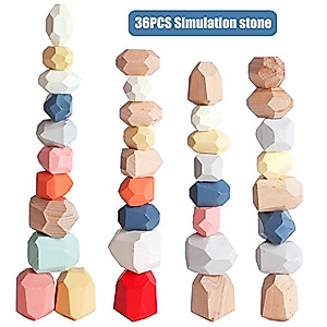 BESTAMTOY 36 PCs Wooden Sorting Stacking Rocks Balancing Stones,Educational Preschool Learning Montessori Toys, Building Blocks Game for Kids 1 2 3 4 5 6 Years Boy and Girl Birthday for Kids