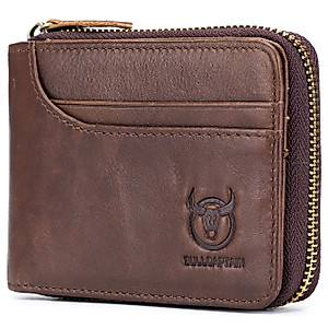 BULLCAPTAIN Mens Leather Zipper Wallet RFID Blocking Bifold Secure Vintage Zip Around Multi Credit Card Holders