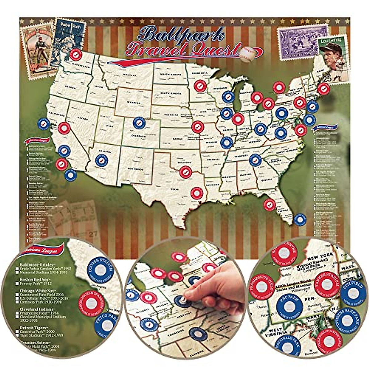 Map Your Travels Ballpark Travel Quest Poster Set | Laminated and Includes Stickers | 19"x26" | Made in the USA