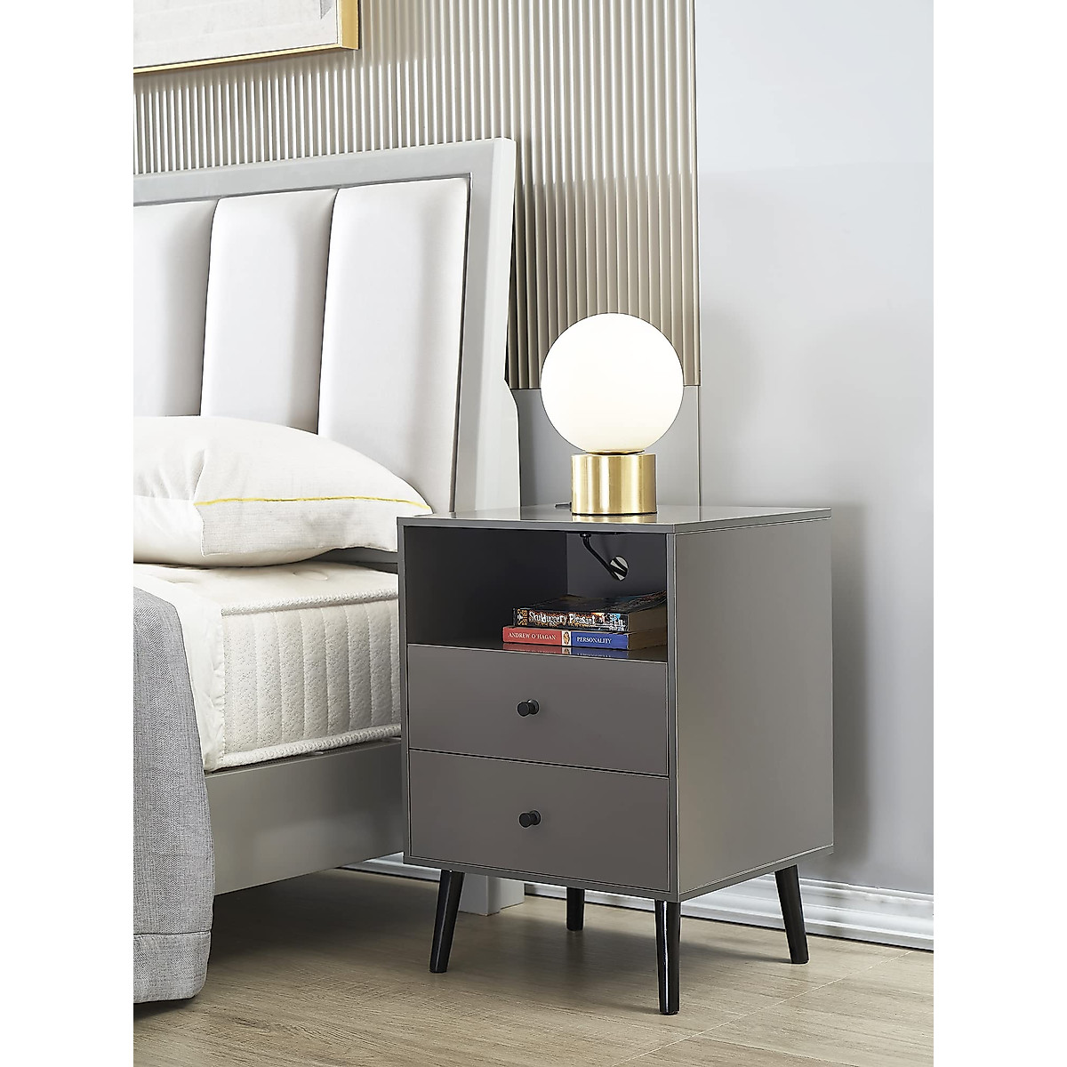 OBRICOL Night Stand,Charging Station Side Table, Functional End Table for Bedroom,Living Room (Grey)