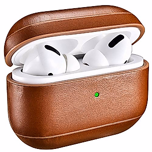 AirPods Pro Case, ICARER Airpod Pro Leather Case Genuine Leather Portable Protective Shockproof Cover for Apple AirPods Pro Support Wireless Charging and Led Visible (Brown)
