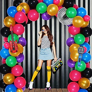 90s 80s Theme Disco Party Decoration Disco Balloons Colorful Balloon Arch Garland with Inflatable Radio Guitar Microphone 4D Foil Balloons for Back to 90s Birthday Supply