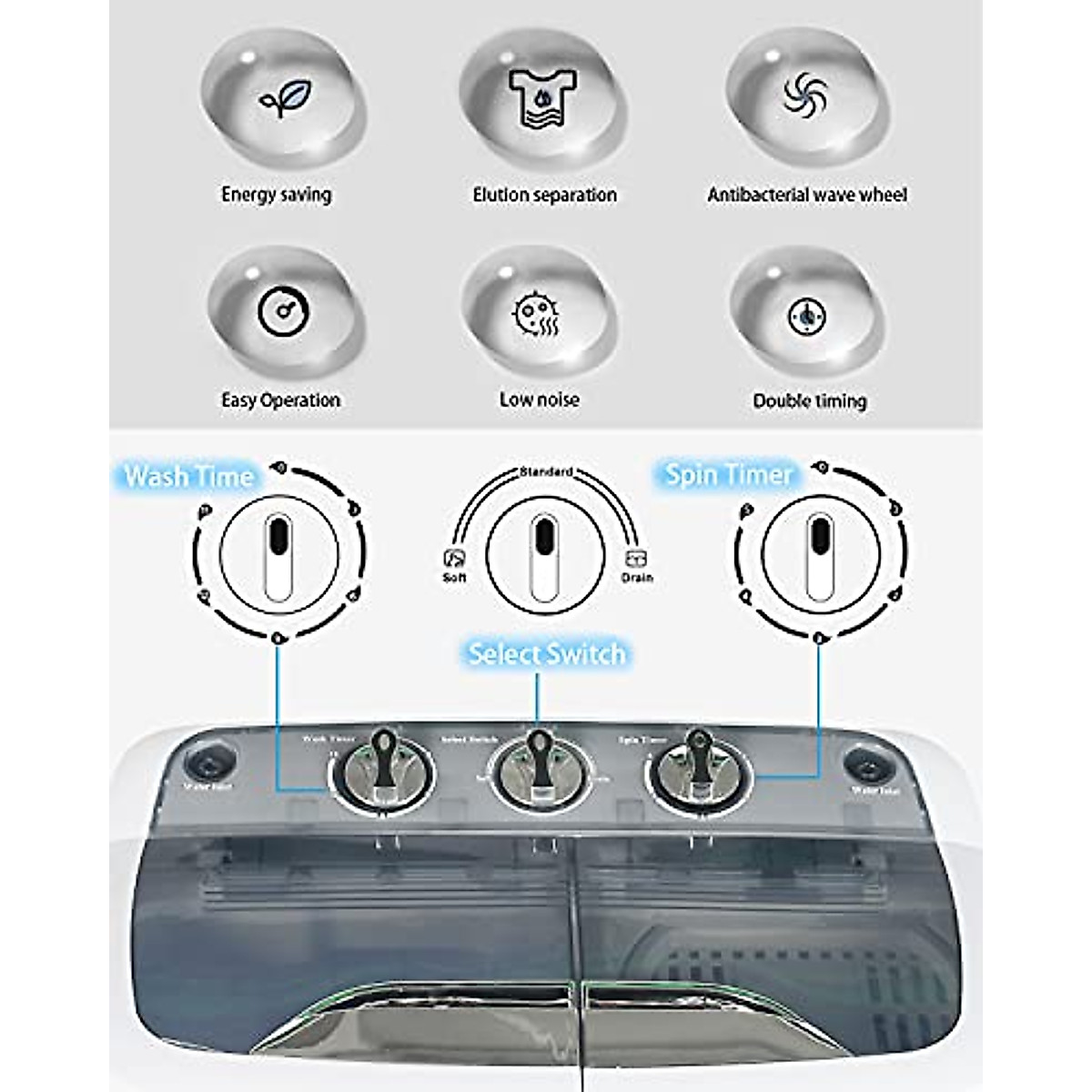 Cirstore Portable Washing Machine Double Bathtub 12.4 Lbs Compact Mini Washer and Dryer Combo with Timer Control,Clothes Washing Machine for Apartment Dorm RV Camping