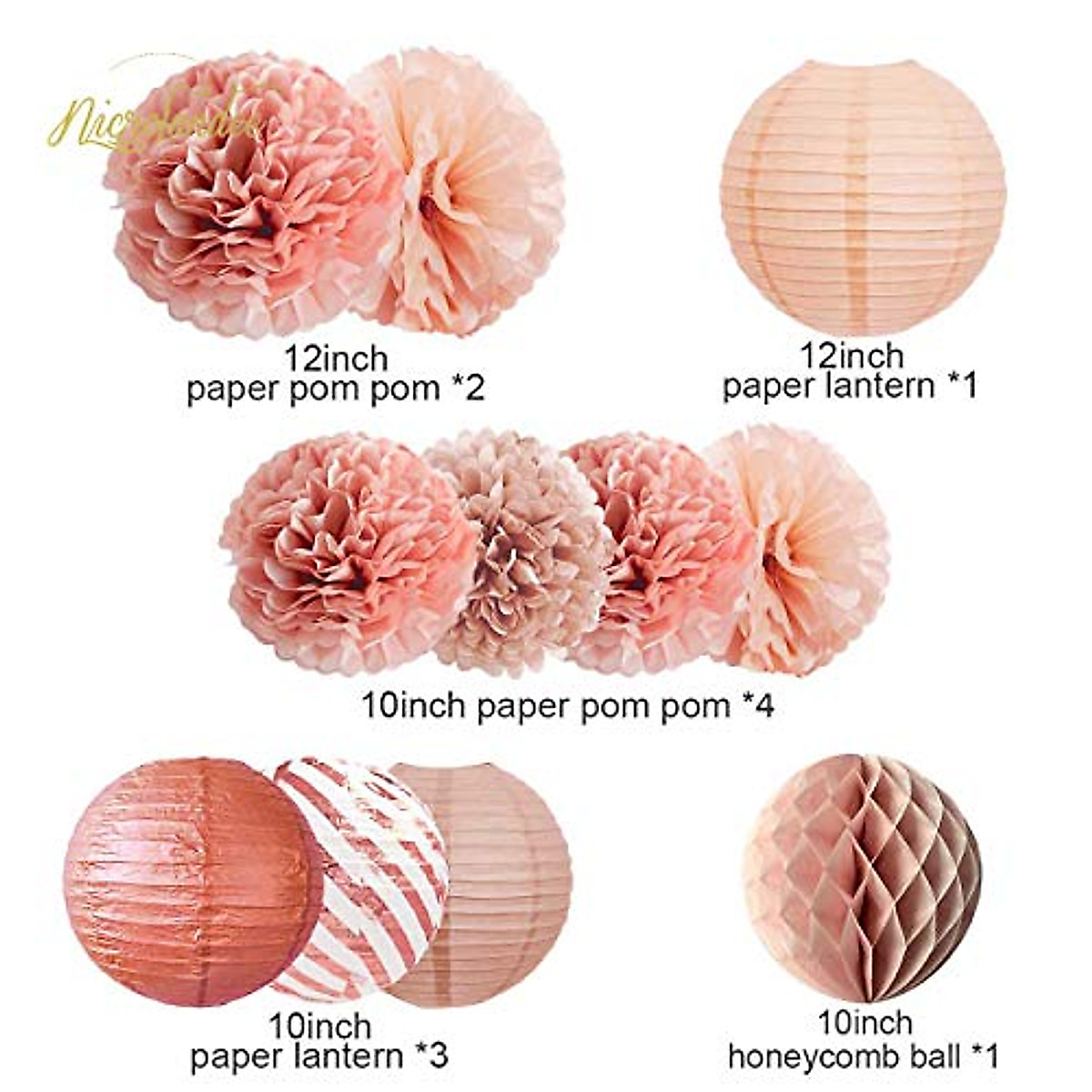 NICROLANDEE Rose Gold Party Decorations -12PCS Elegant Party Supplies Tissue Pom Poms Paper Lantern Glitter Confetti 30G for Wedding Bridal Shower Baby Shower Birthday Bachelorette Party Decorations
