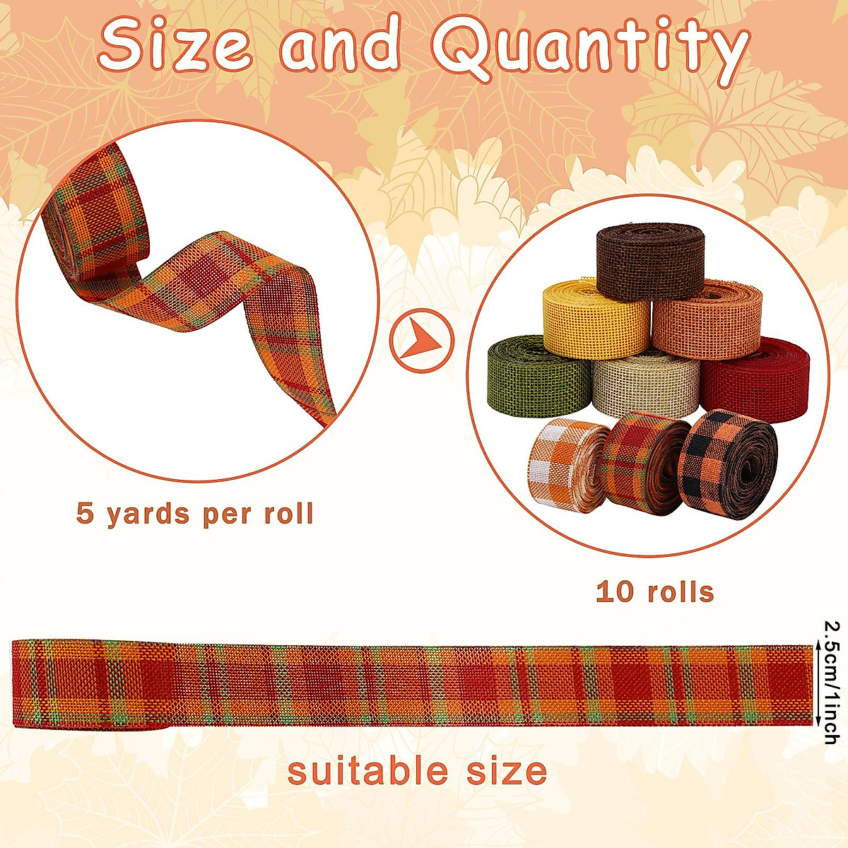 Whaline 10 Rolls 50 Yards Plaid Burlap Ribbon Rolls 1 Inch Fall Wrapping Ribbon Thanksgiving Ribbon Autumn Decorative Ribbon for Autumn Harvest Thanksgiving Wreath Decoration