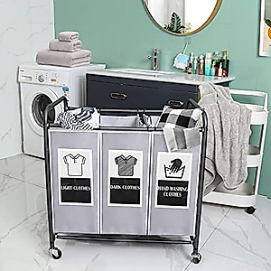 C&AHOME 3-Bag Laundry Sorter Cart, Rolling Laundry Hamper Organizer, Laundry Basket Sorter, Removable Bags with 4 Sorting Cards and Heavy Duty Rolling Lockable Wheel for Clothes Storage, Grey ULSCM03G