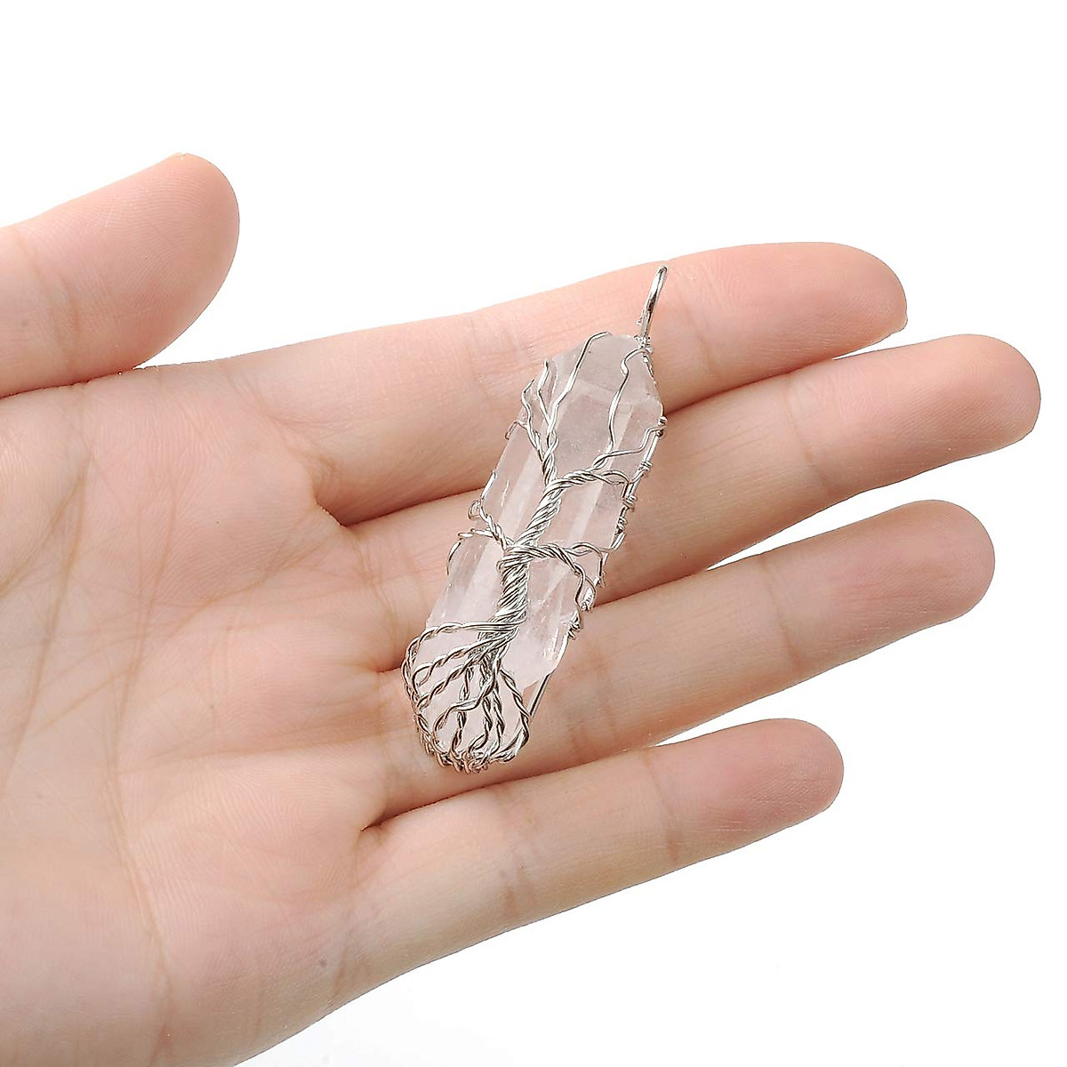 Top Plaza Natural Raw Stone Healing Crystal Necklace Silver Life Tree Wire Wrapped Clear Quartz Point Pendant For Womens Ladies Mothers Day Mom Gifts