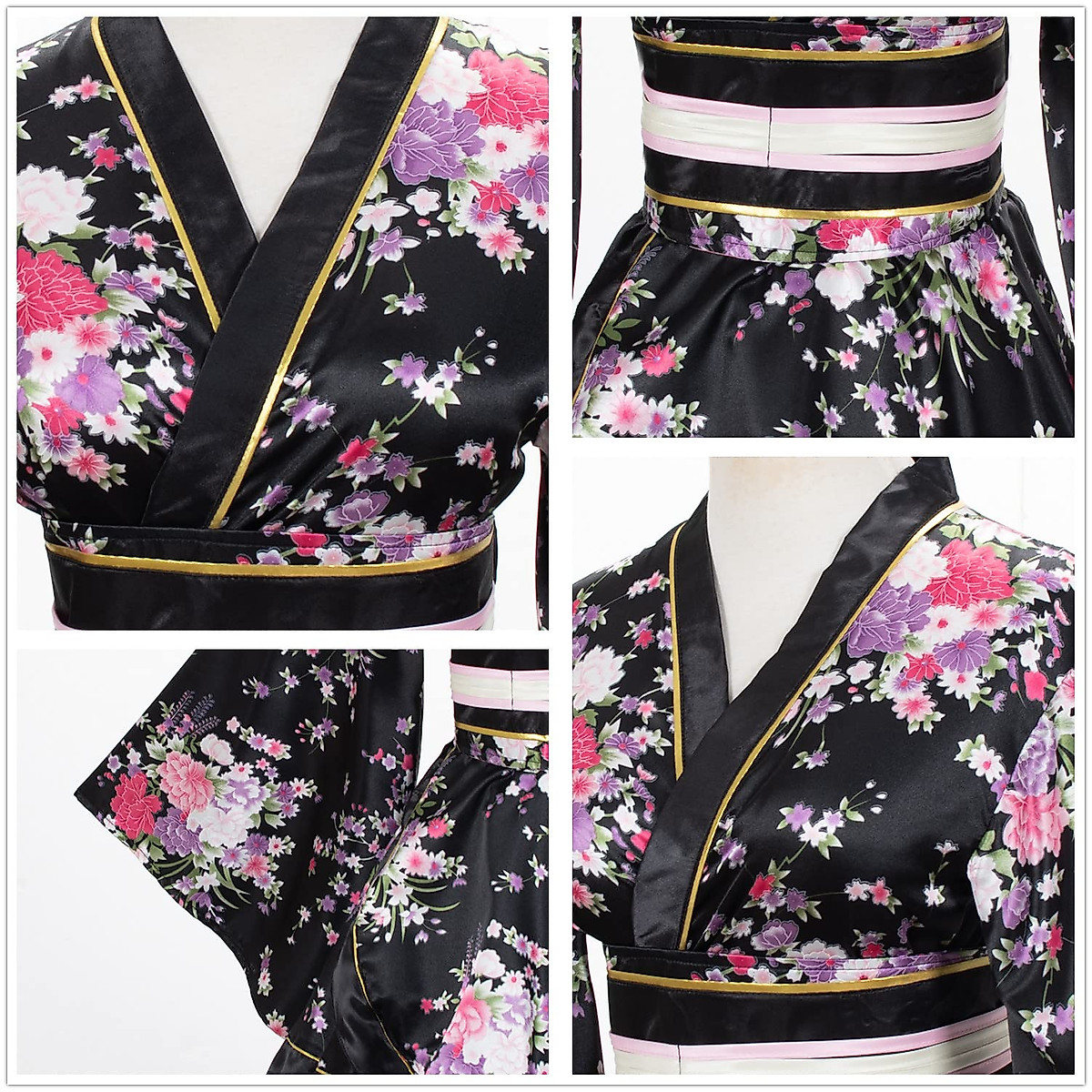 Japanese Anime Women's Dance Kimono Robe Fancy Dress Yukata Silk Folding Fans Tabi Hairstick Socks Set Black Large