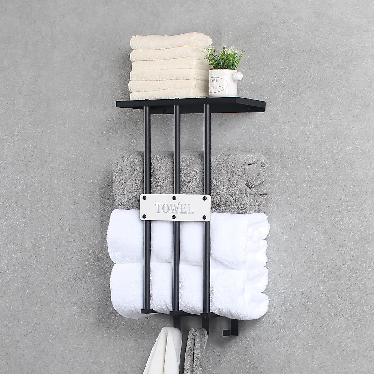 Bathroom Towel Storage Rack, Towel Racks for Bathroom Wall Mounted 22 inch with Shelf Can Holds 4 Large Towels, Wall Towel Rack for Rolled Towels, Black