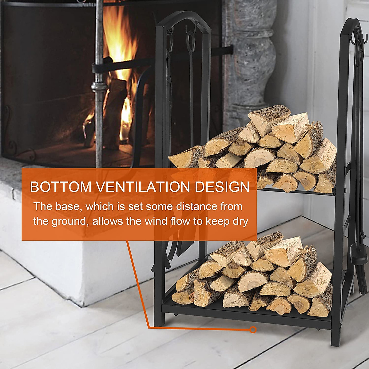 Babylon Fireplace Tools Log Rack Set with 4 Piece Tools Wrought Iron Black Fireplace Tools Firewood Holder Carrier Storage Rack with Brush Shovel Poker Tongs for Indoor Outdoor