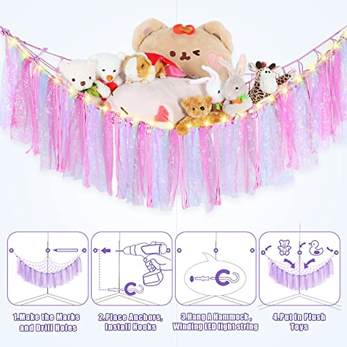 2 Packs Stuffed Animal Net or Hammock with LED Light Plush Toy Hammock Stuffed Animal Storage Holder Hanging Kids Toy Organizers and Storage Net with Tassels for Kids Bedroom Nursery Play Room Decor