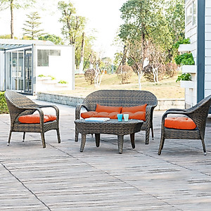 QILLOWAY Outdoor Patio Wicker Seat Cushions Group Loveseat/Two U-Shape/Two Lumbar Pillows for Patio Furniture,Wicker Loveseat,Bench,Porch,Settee of 5 (Orange)