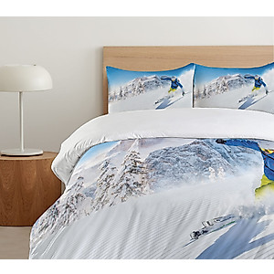 Ambesonne Winter Duvet Cover Set, Skier Skiing Downhill in High Mountains Extreme Winter Sports Hobby Activity, Decorative 2 Piece Bedding Set with 1 Pillow Sham, Twin Size, Blue White Yellow
