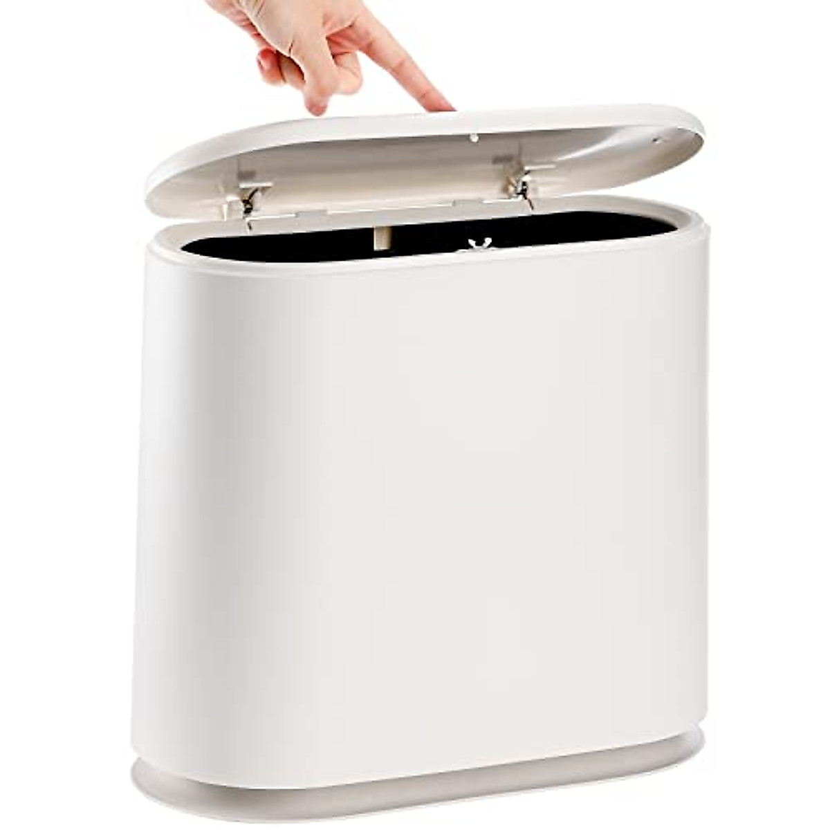 ZENFUN 2.6 Gallon Plastic Trash Can with Press Lid, Oval Slim Wastebasket Garbage Container Bin Bathroom Garbage Can for Living Room, Bedroom, Kitchen, Office, Easy to Clean, White