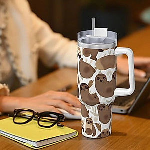 HULIBIN Brown Sloth Print Double Deck Stainless Steel Travel Coffee Cup With Lid 40 Oz Ice Bully Cup