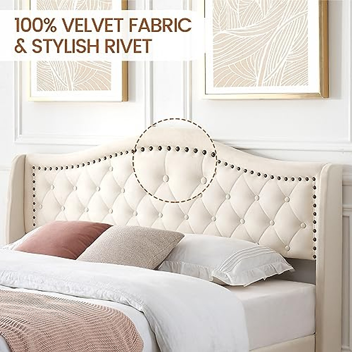 GAOMON King Size Upholstered Platform Bed Frame with Tall Headboard, Luxurious Velvet Button Tufted and Nailhead Trim Wingback, Arched Footboard, No Box Spring Needed, Beige