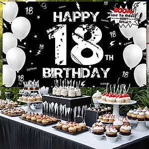 PHXEY 18th Birthday Decoration for Men Women, Fabric Happy 18th Birthday Backdrop Banner Black White, 18 Year Old Birthday Party Yard Sign Photo Booth Props Decor Supplies for Boys Girls