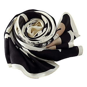 YangtzeStore Long Charmeuse Silk Scarf Floral and Graphic Print (Black White Abstract)