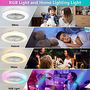 DLLT Low Profile Ceiling Fan with Light Smart Bladeless Ceiling Fans with RGB Lights Changing LED 3 Wind Speeds Festival Ambient Flush Mount Fan Light for Bedroom Livingroom Children's Room