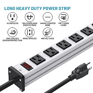 16 Outlet Power Strip, Heavy Duty Metal Power Strip with 10FT Extension Cord, Wall Mount Power Strip for Garage Workshop Warehouse Factory, ETL Certified, Silver
