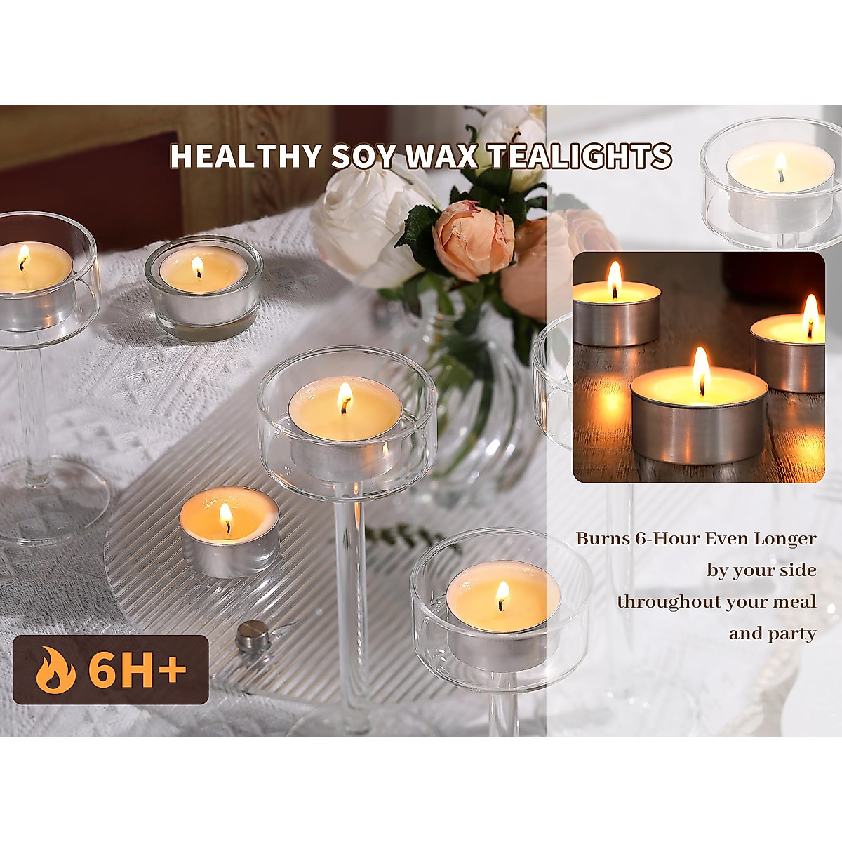 Soy Wax Tealight Candles | 100 Pack- 6 Hours Long Burning Tea Candles, 100% Natural Soy Wax Tea Lights Candles | Paraffin-Free, Unscented Tealights Candles Bulk for Party, Home, Wedding, Emergency