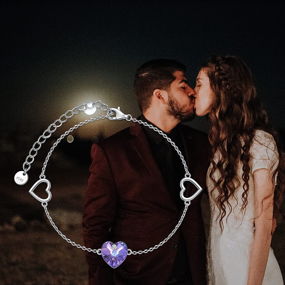 Amethyst Bracelet Sterling Silver Heart Purple Crystal Bracelet for Women,7+2 inch