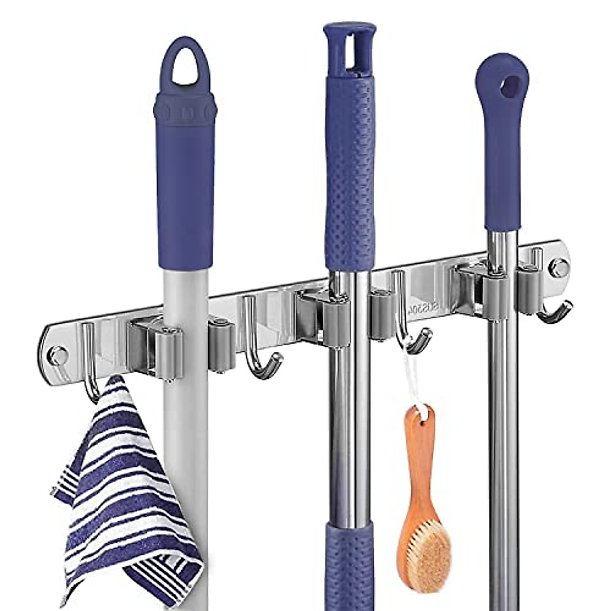 JIAJI Broom Mop Holder Wall Mount Stainless Steel Tool Hanger, Havey Duty Hanger Mounted, Storage Durable Organizer for Home Laundry Kitchen Garage Garden Utility Tools (3 Racks 4Hooks), JAR-21R4H01