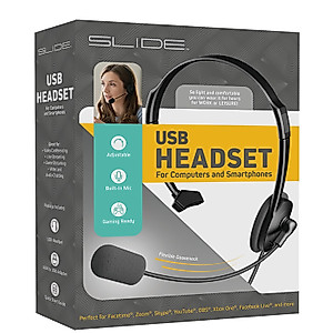SLIDE Premium Wired Headset for Computers & Smartphones | Flexible Boom Mic | Dual Adapter Mic & Audio Splitter | On-Cord Volume Control | 3.5mm Connector | Home, Office & Gaming Headphones