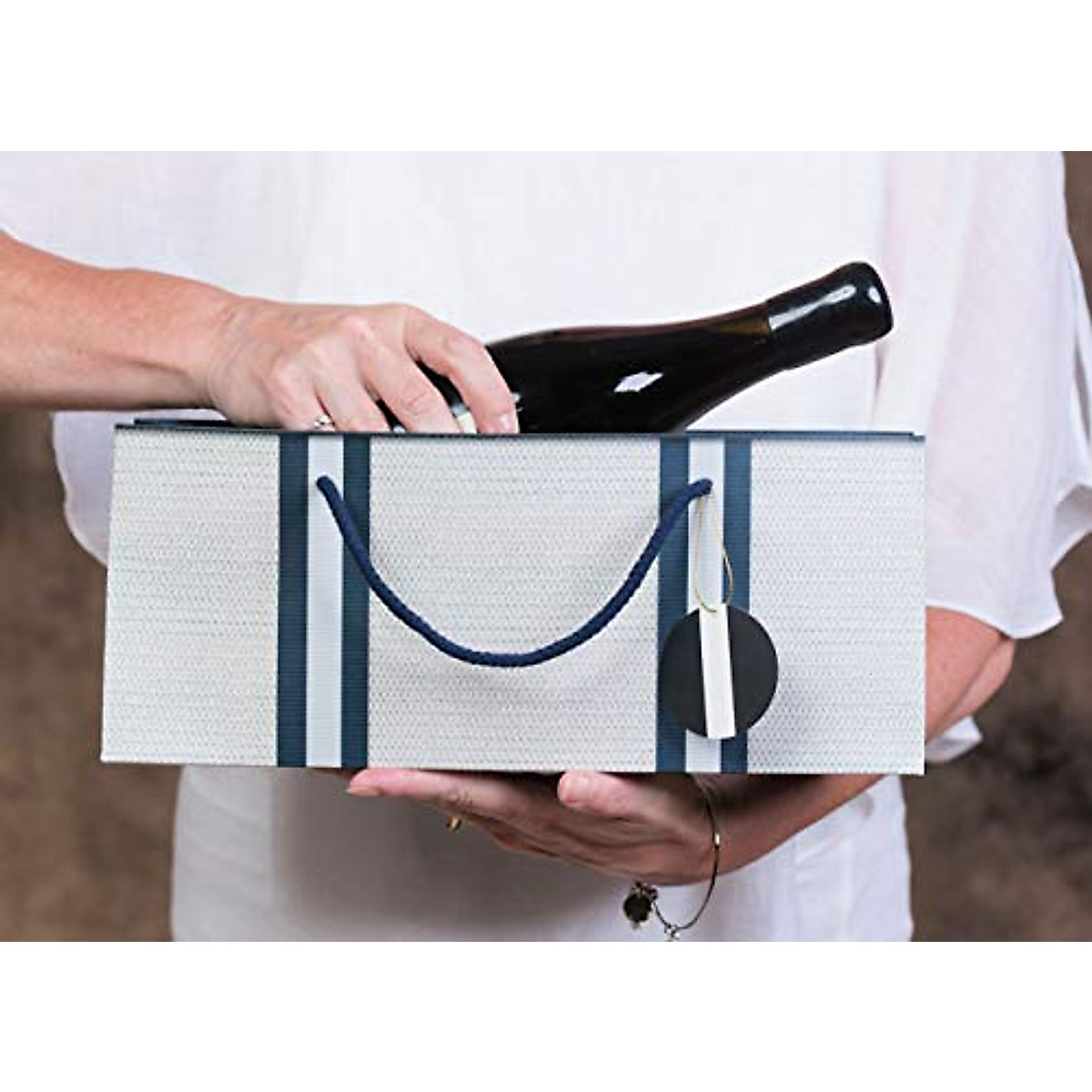 Simply Charmed Wine Gift Bags – White with Basket Weave Pattern and Navy Stripes Purse Style Set of 3
