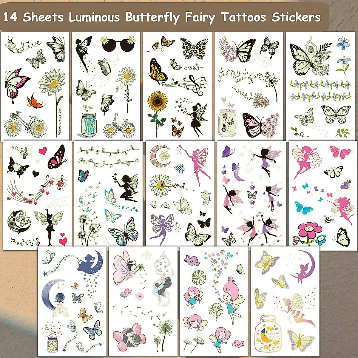 CHARLENT Luminous Butterfly Tattoos for Kids - 14 Sheets Glow in The Dark Butterfly Fairy Temporary Tattoos for Girls Birthday Party Favors Goodie Bag Fillers