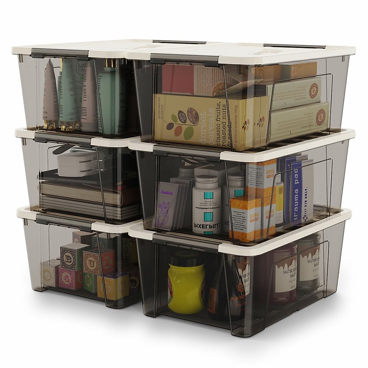 WYT Small Clear 5-Quart Plastic Storage Container Bin with Khaki Secure Lid and Black Latch Buckles, Durable Stackable Nestable Organizin, 6-Pack