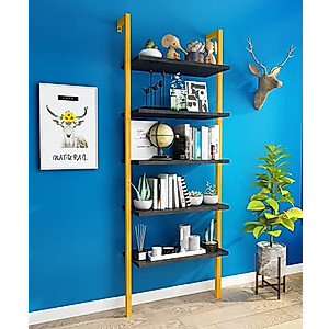 DKLGG 5-Tier Book Shelf Rack Against The Wall, Tall Ladder Shelf Wooden Bookcase Metal Frame Storage Plant and Flower, Single Standing Bookshelf Ladder ​for Living Room, Bedroom, Balcony, Home Office