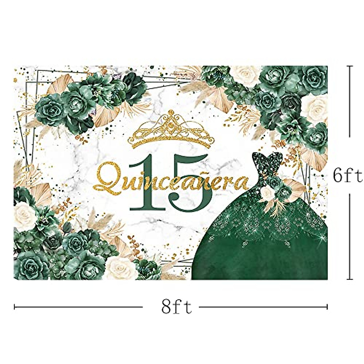 MEHOFOND Boho Floral Quinceanera 15th Birthday Backdrop for Girls Green Rose Pampas Grass Mis Quince Anos 15th Birthday Party Decorations Photography Background Gold Glitter Crown Photo Banner 8x6ft