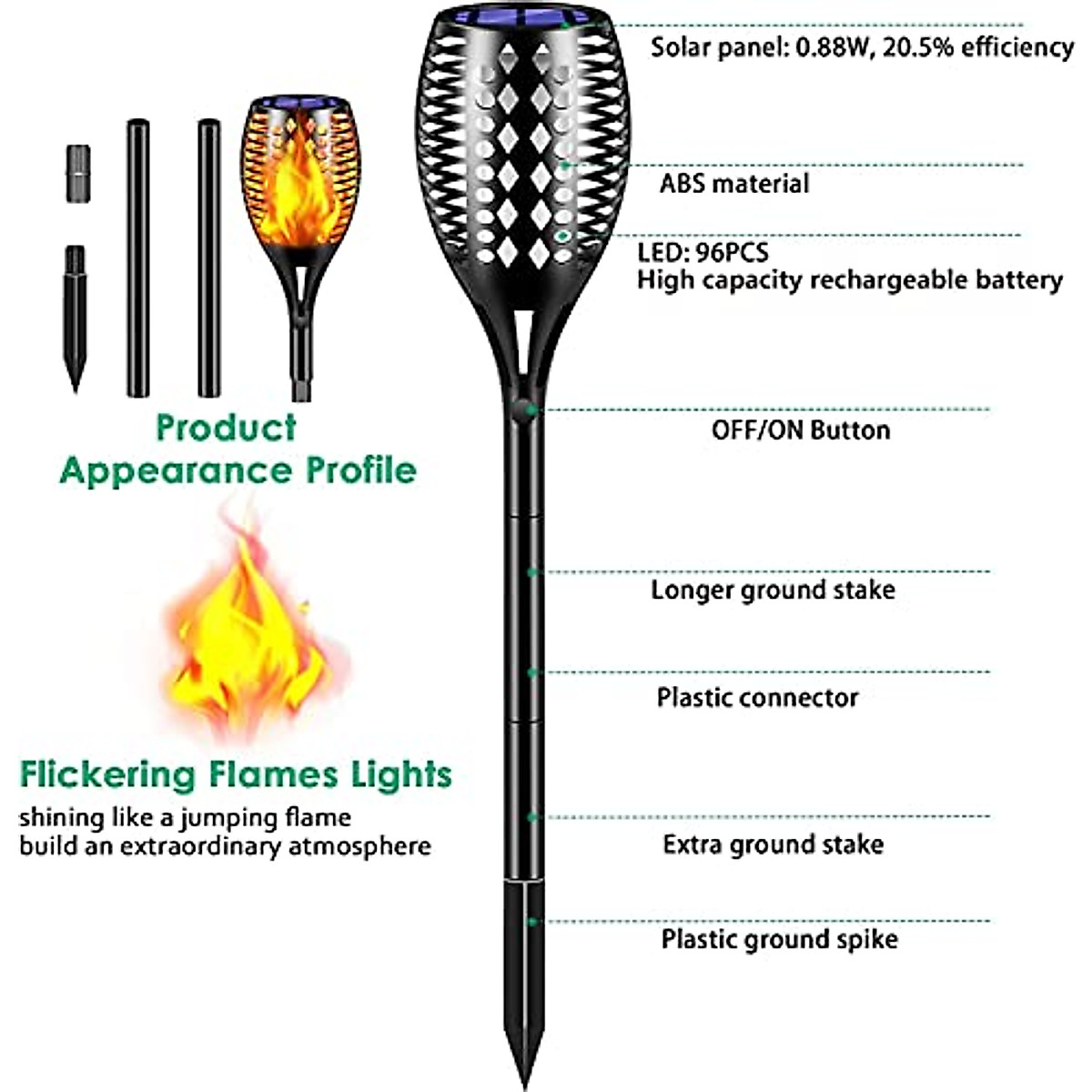 TomCare Solar Lights Upgraded, 43" Waterproof Flickering Flames 96 LED Torches Lights Outdoor Solar Landscape Decoration Lighting Auto On/Off Pathway Lights for Garden Patio Yard Christmas, Black(4)