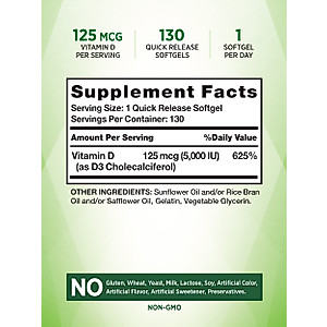 Nature's Truth Vitamin D3 5000 IU Softgels 130 Count | High Potency Vitamin D | Non-GMO, Gluten Free