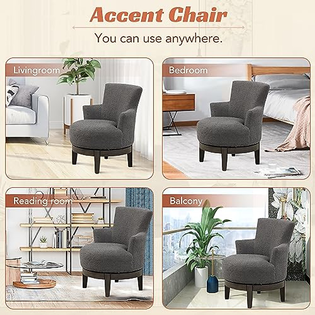 Goohome 360 Degree Swivel Wingback Accent, Comfy Upholstered Sherpa Fabric Seating Armchair with Rubberwood Legs for Living Room, Leisure Arm Chair for Lounge, Dark Grey