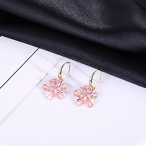 3A Cubic Zirconia Cherry Flower Dangle Earrings for Women Girls Hypoallergenic Retro Charm Crystal Blossom Drop Dangling Hook Stud Vintage Elegant Wedding Birthday Mother's Day Dainty Jewelry