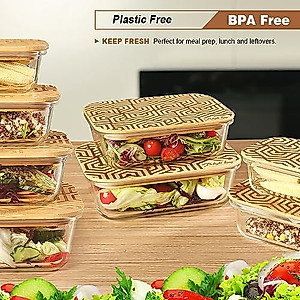 Delight King Glass Containers with Bamboo Lids, Set of 4 Glass Food Storage Containers with Wooden Lids, Non Toxic, Non Plastic, Fridge and Microwave Safe, Eco Friendly, Leaf Printed Wood Lid Design