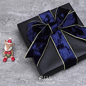 Ribbli Navy Velvet Wired Ribbon 1.5 Inch Metallic Navy Blue Gold Crushed Velvet Christmas Ribbon for Gift Wrapping Christmas Tree Decoration Crafts Wreaths Supplies-Continuous 10 Yards
