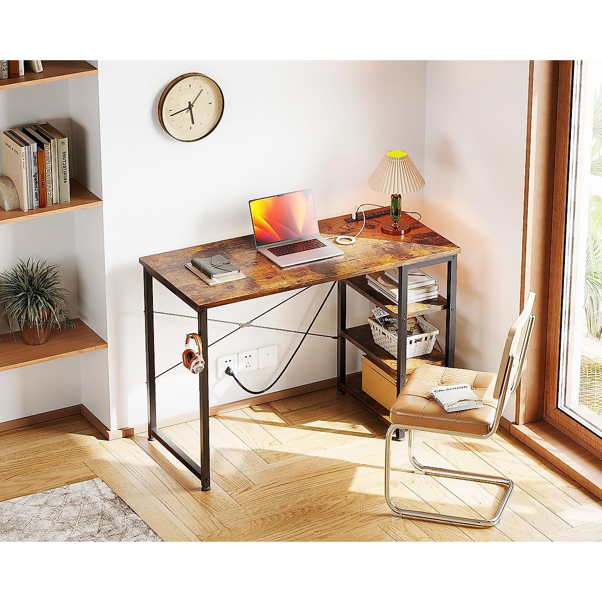 AODK Laptop Desk Small Desk, 40 Inch Computer Desk with Power Outlet and USB & Type-C Charging Port, Writing Desk with 3-Tier Reversible Storage Shelf for Home Office, 40'' x 16'', Rustic Brown