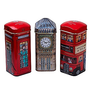 New English Teas British Souvenir 3x Tea Tins with 42 English Breakfast Teabags - Big Ben, London Bus, Telephone Box, UK Foods