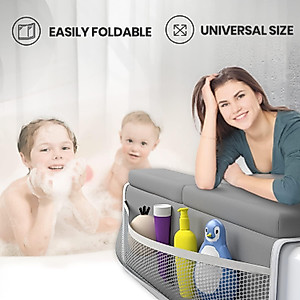 Baby Bath Kneeler and Elbow Rest Pad 2 Pieces Set with 3 Spacious Pocket to Organize Baby Acessories, 1.5" Thick Non-Slip, Soft, Fast-Drying Foldable Toddler Bath (Grey)