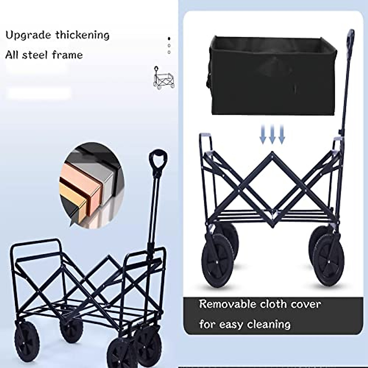Collapsible Wagon, Outdoor Folding Camping Wagons, Grocery Portable Utility Cart, Adjustable Rolling Carts, All Terrain Sports Wagon with Big Wheels,