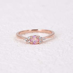 espere Sterling Silver Halo Opal Stacking Ring Simple Dainty Rose Gold Ring Pink Opal Ring Birthstone Ring Size 6