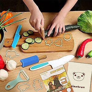 sinotron 13 PCS Toddler Knife, Kids Knifes for Real Cooking, Montessori Kitchen Tools for Toddlers, Kids Knife Set with Wooden Knife, Cutting Board, Cookie Cutters, Peeler, Rolling Pin (Bear)