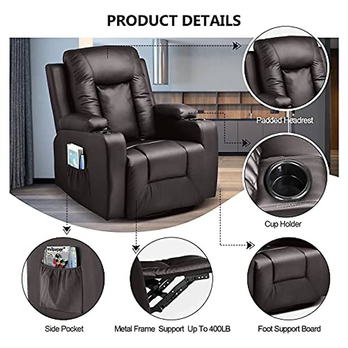 COMHOMA PU Leather Recliner Chair Modern Rocker with Heated Massage Ergonomic Lounge 360 Degree Swivel Single Sofa Seat with Drink Holders Living Room Chair (Brown)