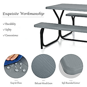 Giantex Picnic Table Bench Set Outdoor Camping All Weather Metal Base Wood-Like Texture Backyard Poolside Dining Party Garden Patio Lawn Deck Furniture Large Camping Picnic Tables for Adult (Gray)
