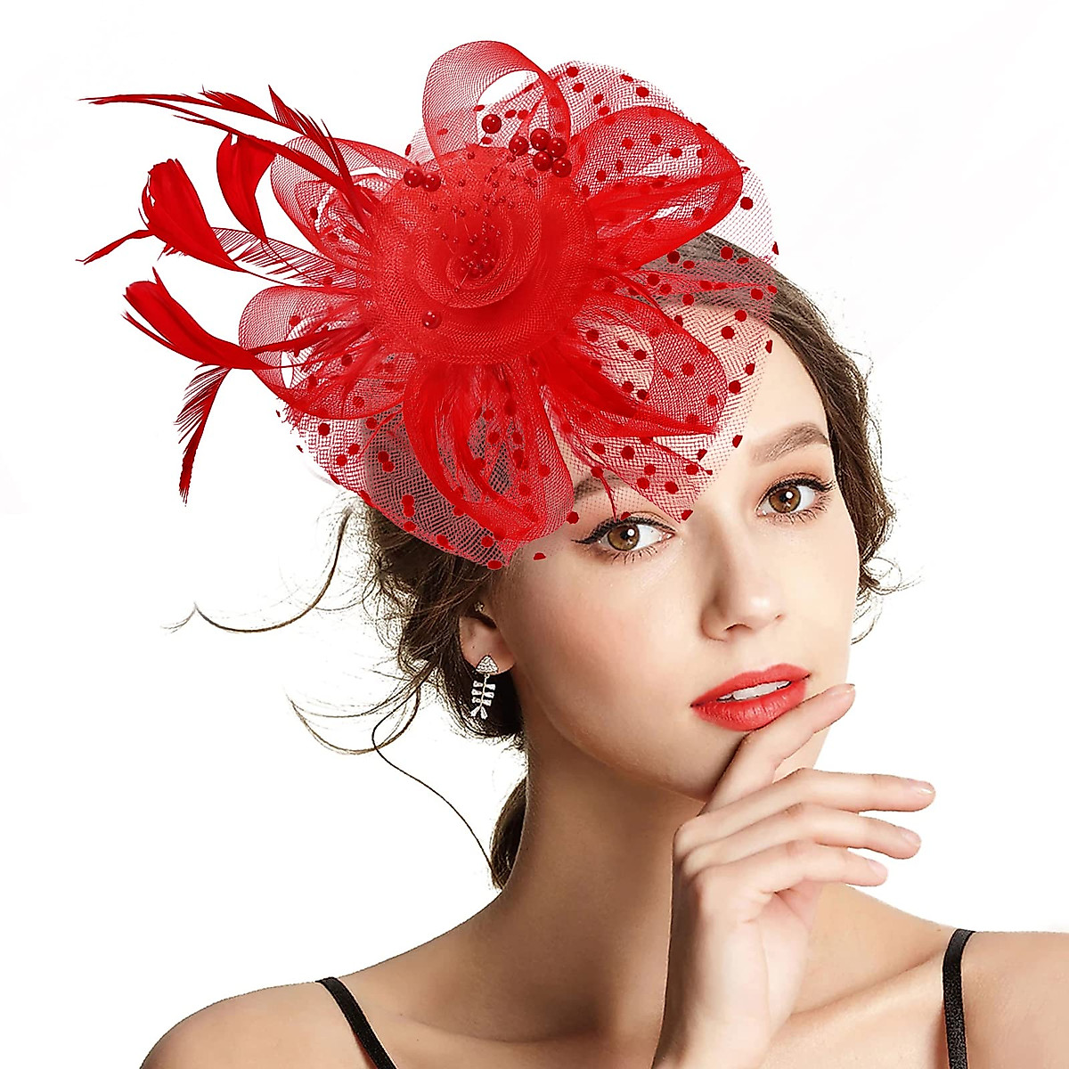Takmor Fascinators for Women, Kentucky Derby Hats for Women Tea Party Tea Party Hat for Women for Church Wedding Cocktail Red